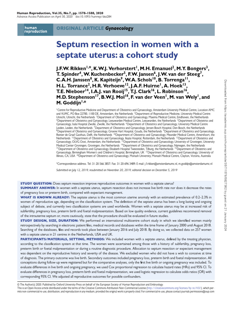 Septum Resection in Women With A Septate Uterus A Cohort Study | PDF ...
