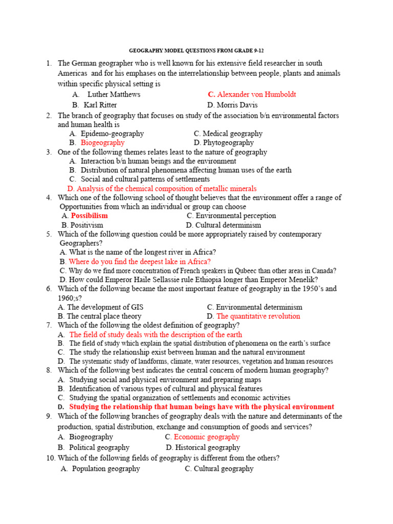 New All Geography Model Questions From Grade 9-12 | PDF
