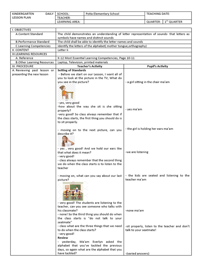 Kindergarten Daily Lesson Plan | PDF