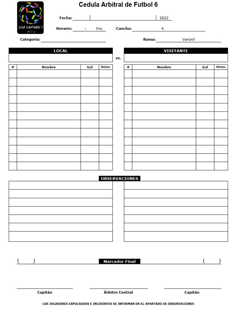 Cédula Arbitral Fútbol 6 Varonil 2022 | PDF
