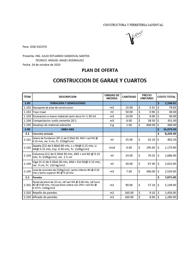 Presupuesto Garaje y Cuartos Escoto | PDF | Materiales de construcción | Ingeniería de Edificación