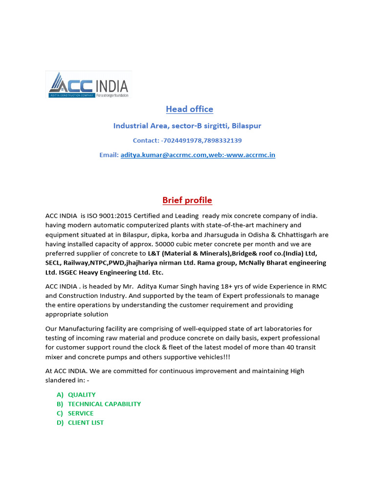 ACC INDIA Company Profile | PDF | Concrete | Engineering