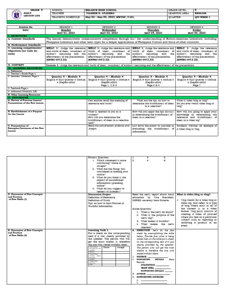 Grade 9 DLL: Q4 Week 1 Overview | PDF | Truth | Information