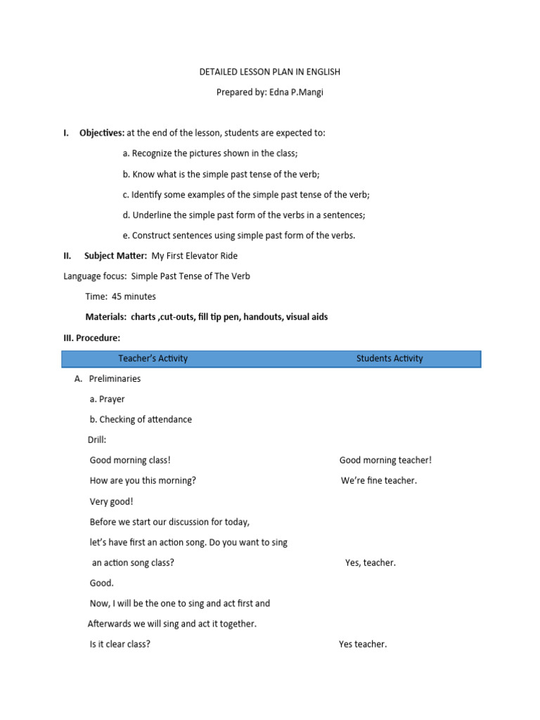 English Lesson Plan: Simple Past Tense | PDF | Grammatical Tense | Question