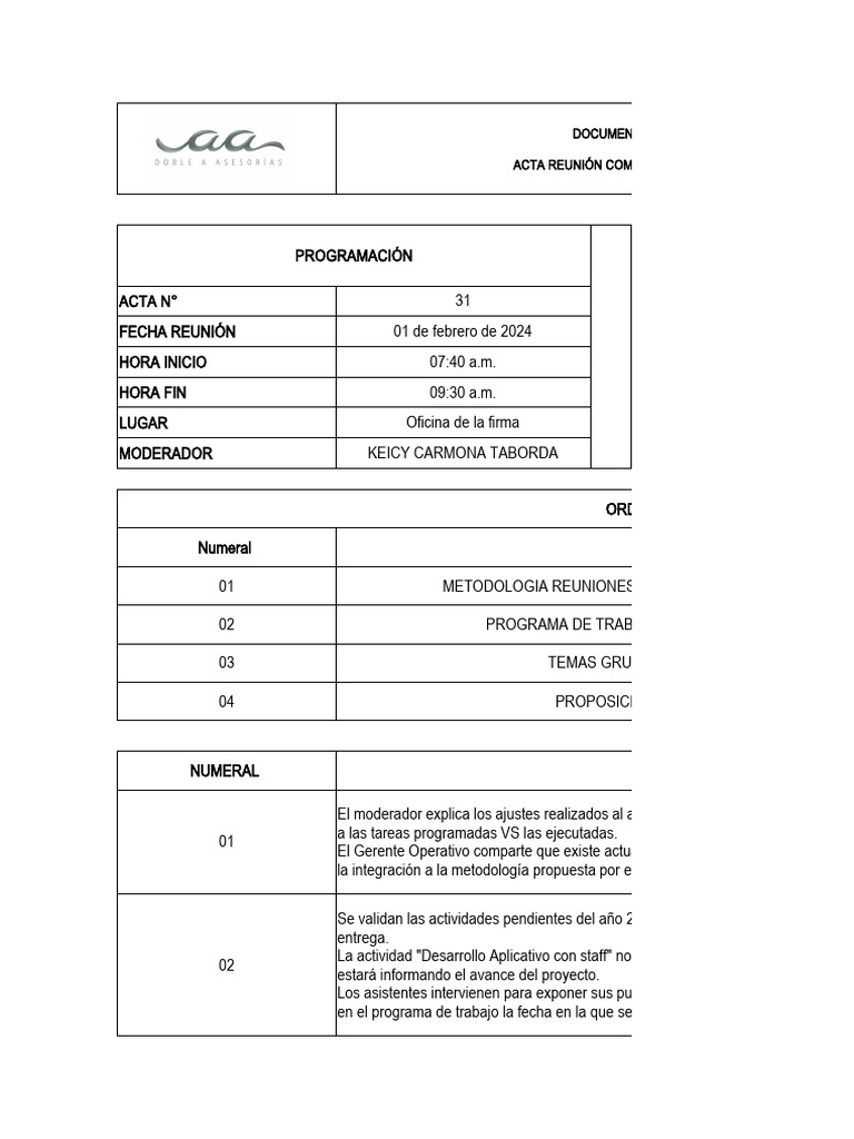 Acta de Reuniones Lideres de Procesos 2024 | PDF