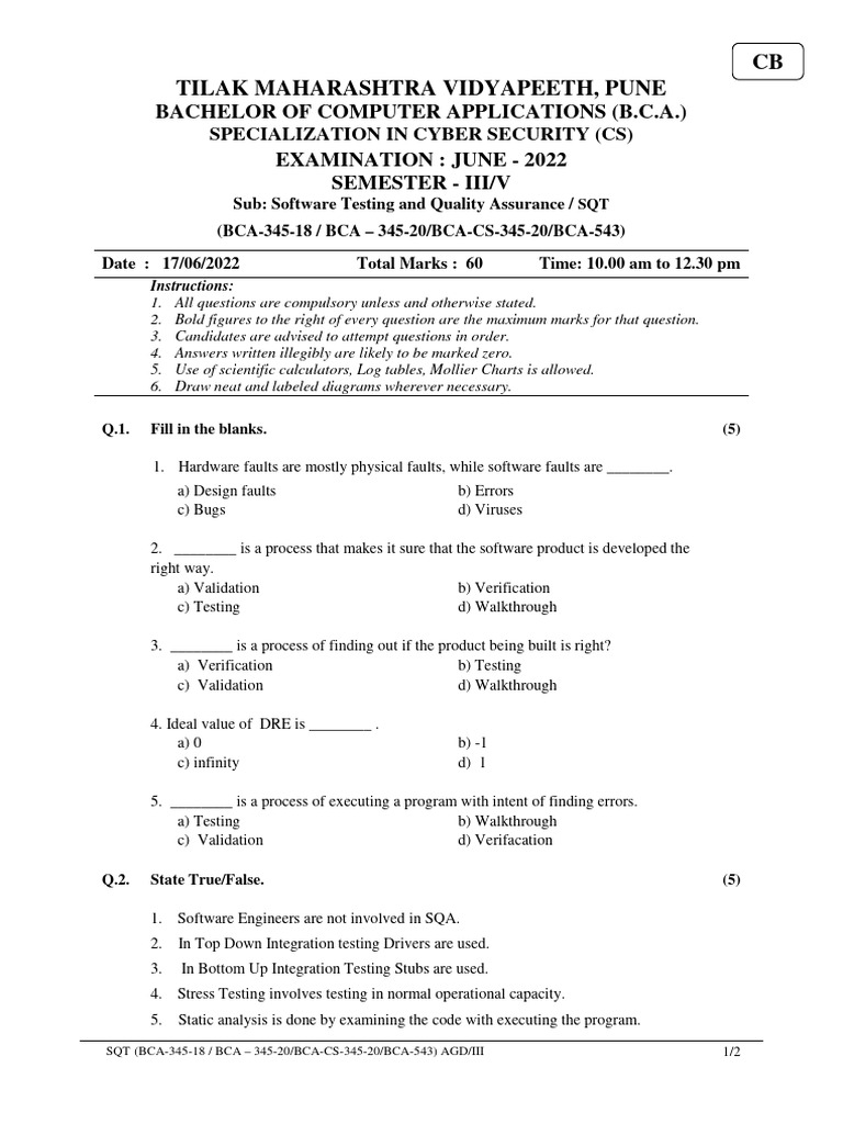 TMV BCA Software Testing Exam Paper | PDF | Software Testing | Software