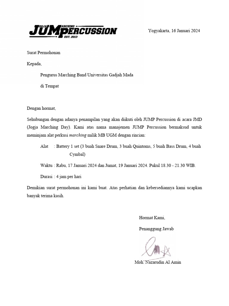 Surat Peminjaman Alat JUMP - UGM 2024 | PDF