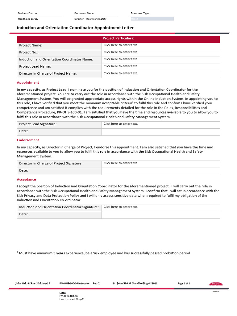 FM-OHS-100-06 Induction and Orientation Coordinator Appointment Letter ...