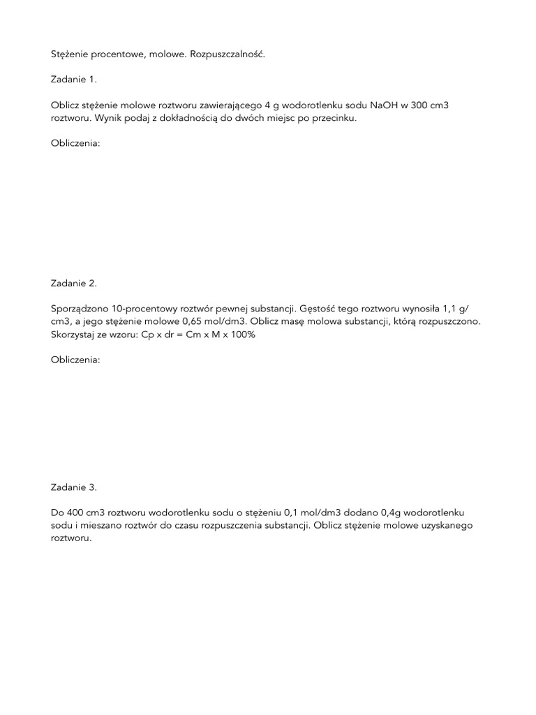 Zadania stężenie molowe i procentowe chemia podstawa | PDF