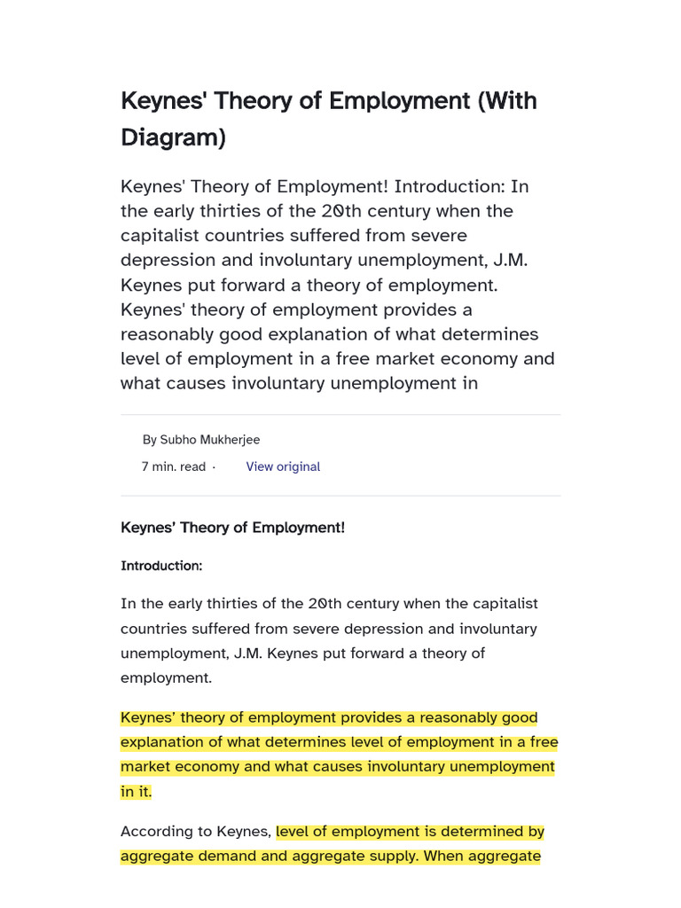 Keynes' Theory of Employment (With Diagram) | PDF | Unemployment | Full Employment