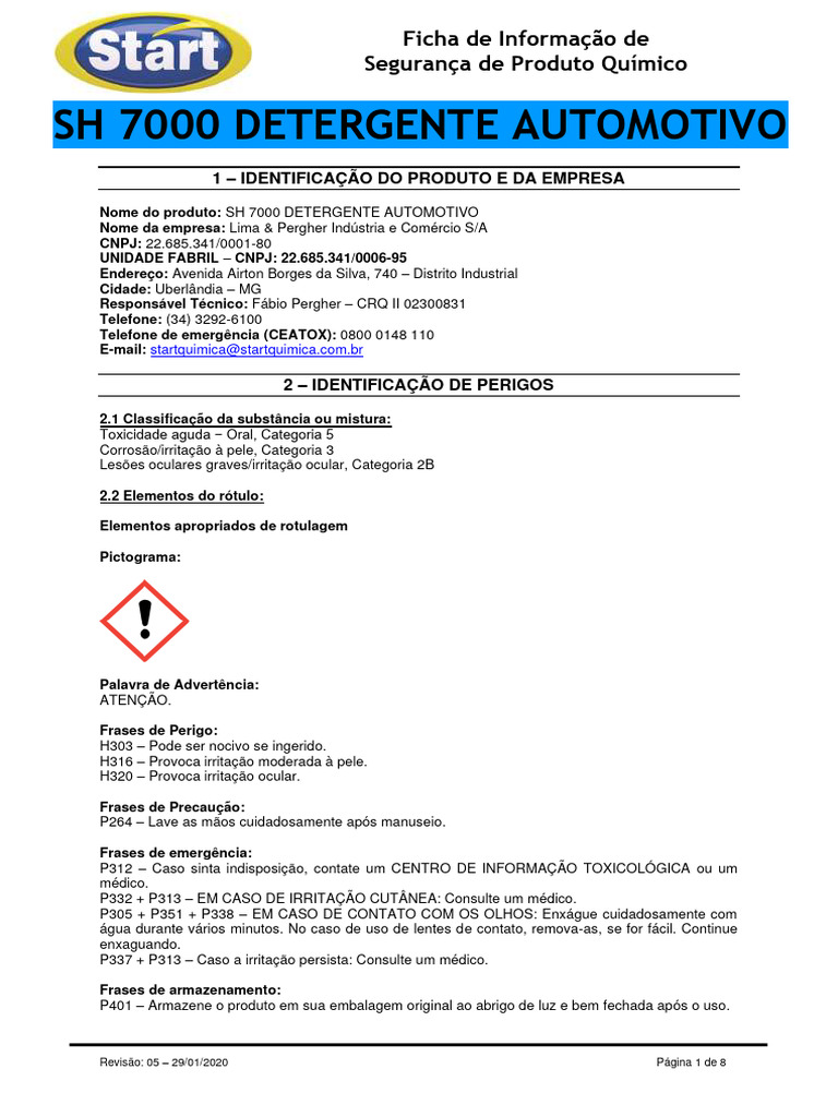SH 7000 DETERGENTE AUTOMOTIVO | PDF | Primeiros socorros | Águas residuais