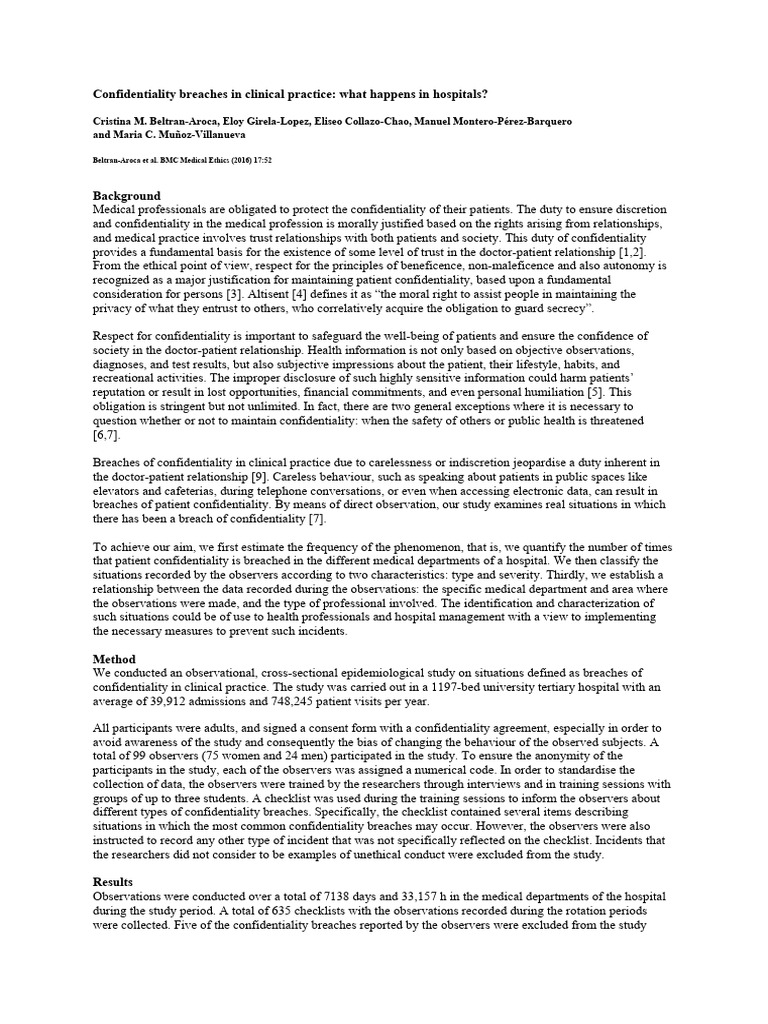 Text 1 - Confidentiality Breaches in Clinical Practice - EXCERPT - 1838 ...