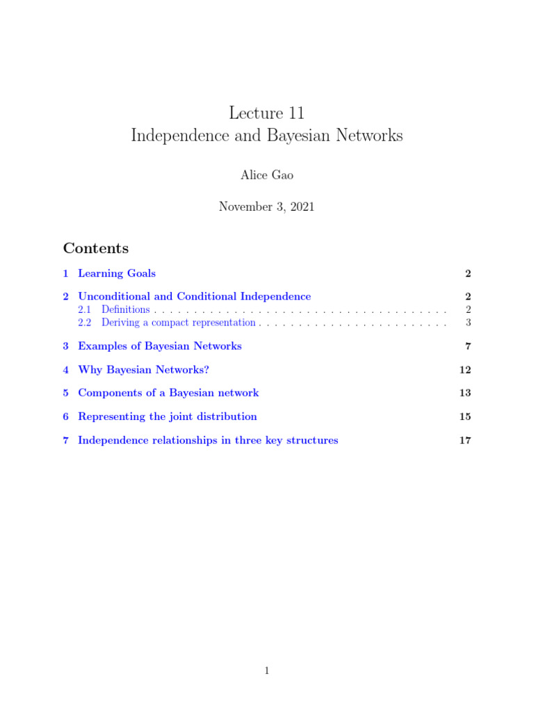 Lecture 11 On Independence and Bayesian Networks | PDF