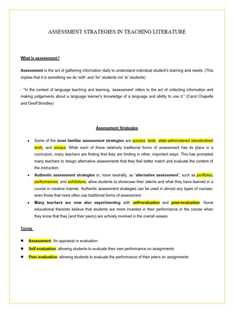 Assessment Strategies in Teaching Literatur1 | PDF | Career & Growth