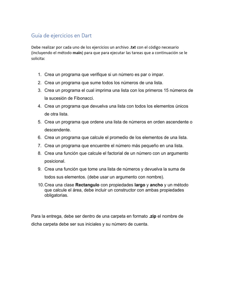 Guía de Ejercicios en Dart | PDF Guía de Ejercicios en Dart | PDF