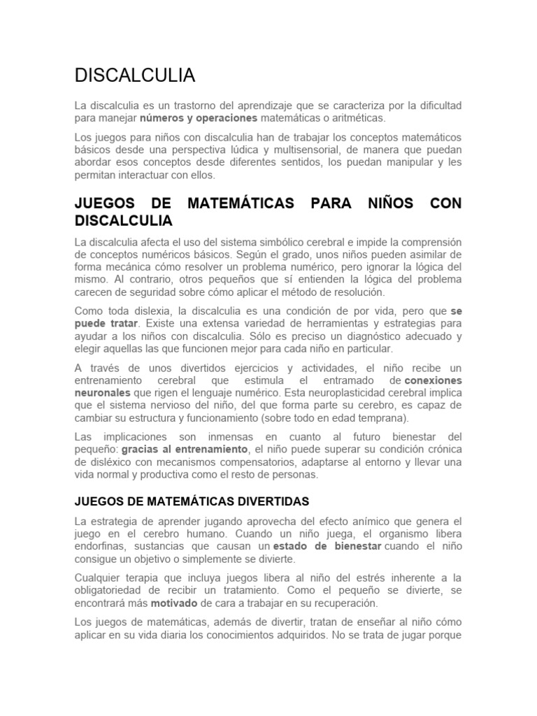 Juegos Matemáticos para Discalculia Infantil | PDF | Aprendizaje | Cerebro