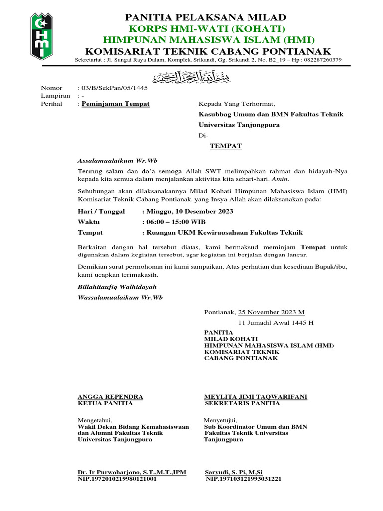 SURAT PEMINJAMAN Tempat UKM Kewirausahaan | PDF