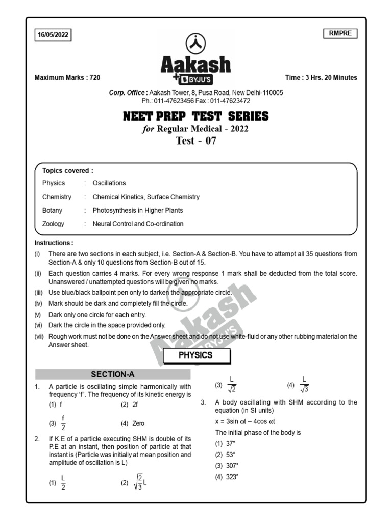 Test - 07: Neet Prep Test Series | PDF | Oscillation | Chemical Reactions