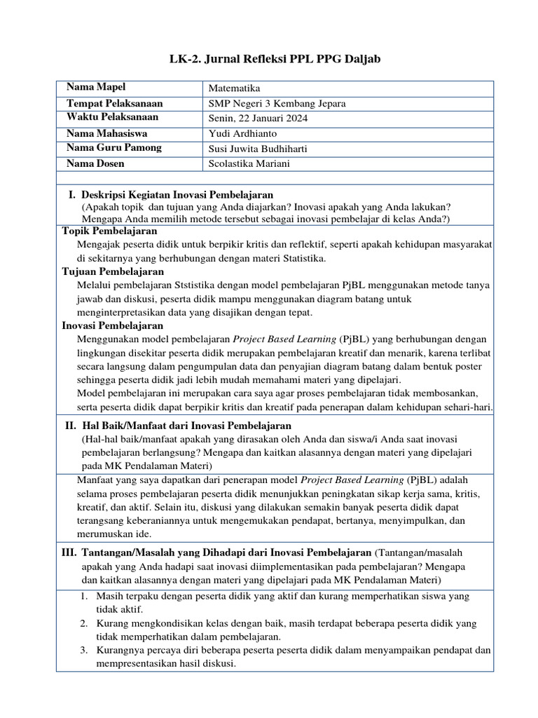 LK-2. Refleksi PPL - PJBL - Yudi Ardhianto | PDF | Seni