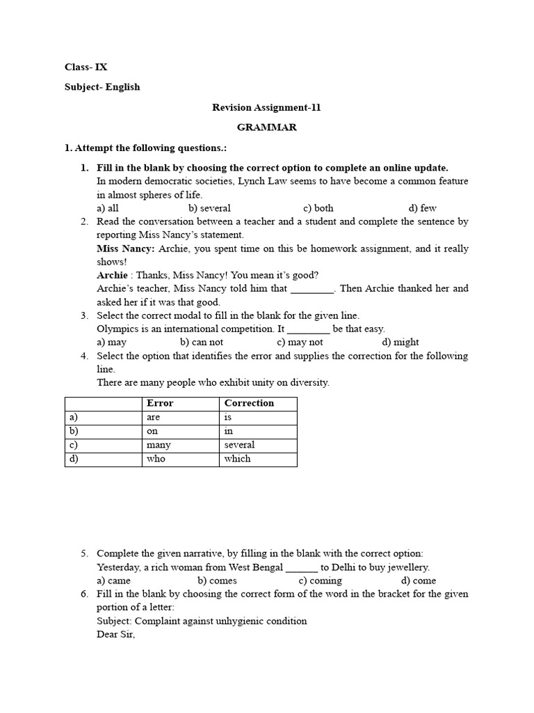 Class-9th Grammar Assignment | PDF