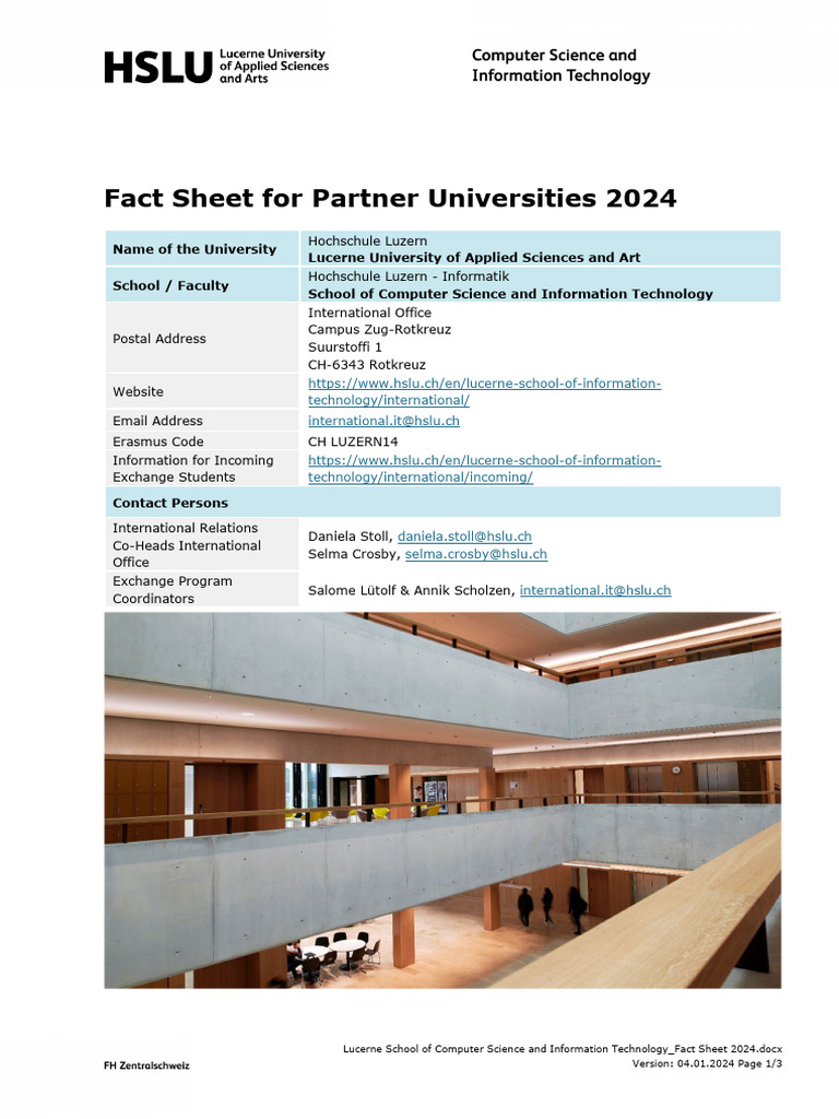 HSLU Computer Science Fact Sheet 2024 | PDF | Academic Term | Academia