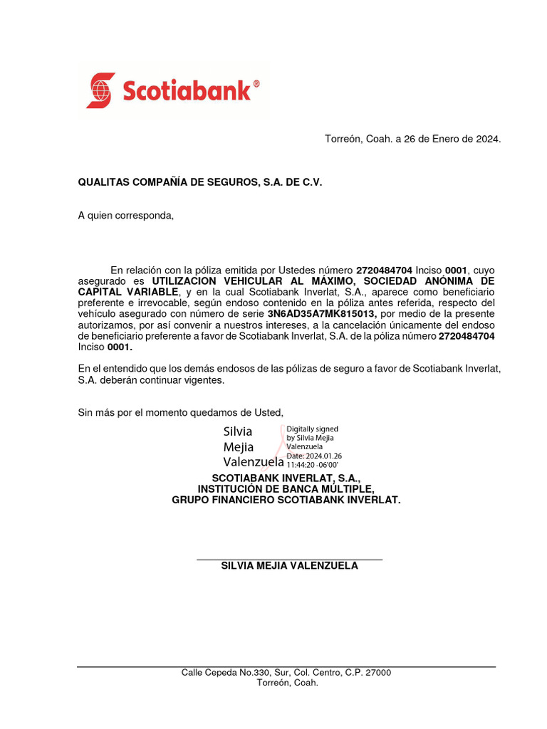 Carta Cancelación de Endoso UVEMAX 3N6AD35A7MK815013 | PDF