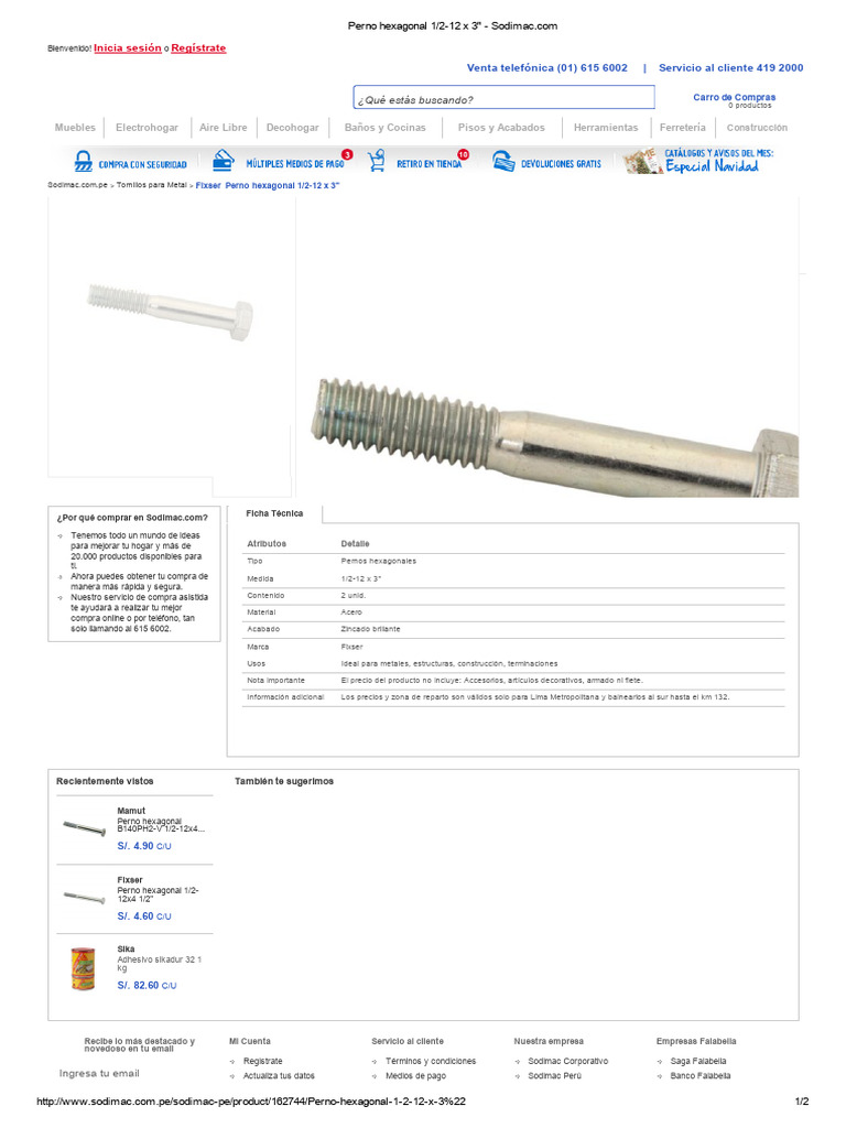 Perno Hexagonal 1 - 2-12 X 3 - Sodimac | PDF | Tornillo