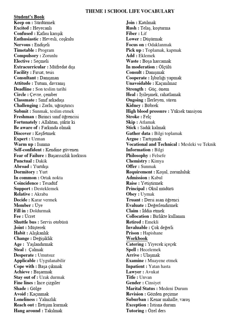 Theme 1 School Life 2. Vocabulary | PDF