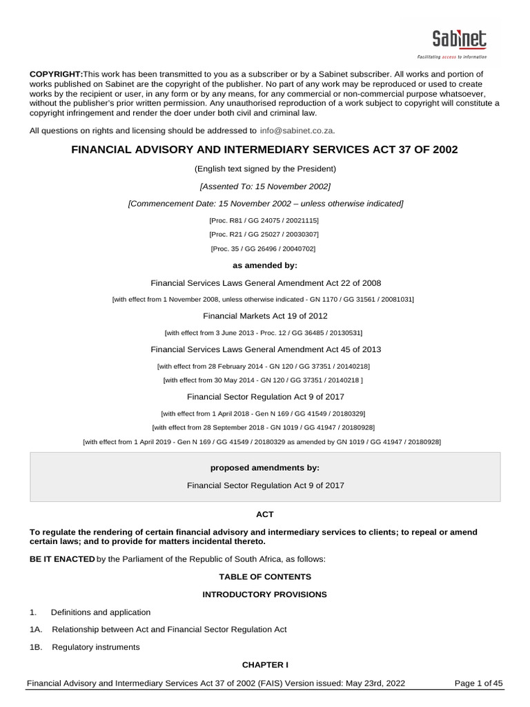 Financial Advisory and Intermediary Services Act 37 of 2002 Fais | PDF ...