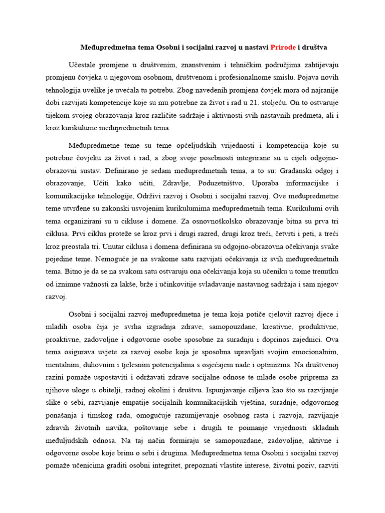 Međupredmetna Tema Osobni I Socijalni Razvoj U Nastavi Prirode I ...