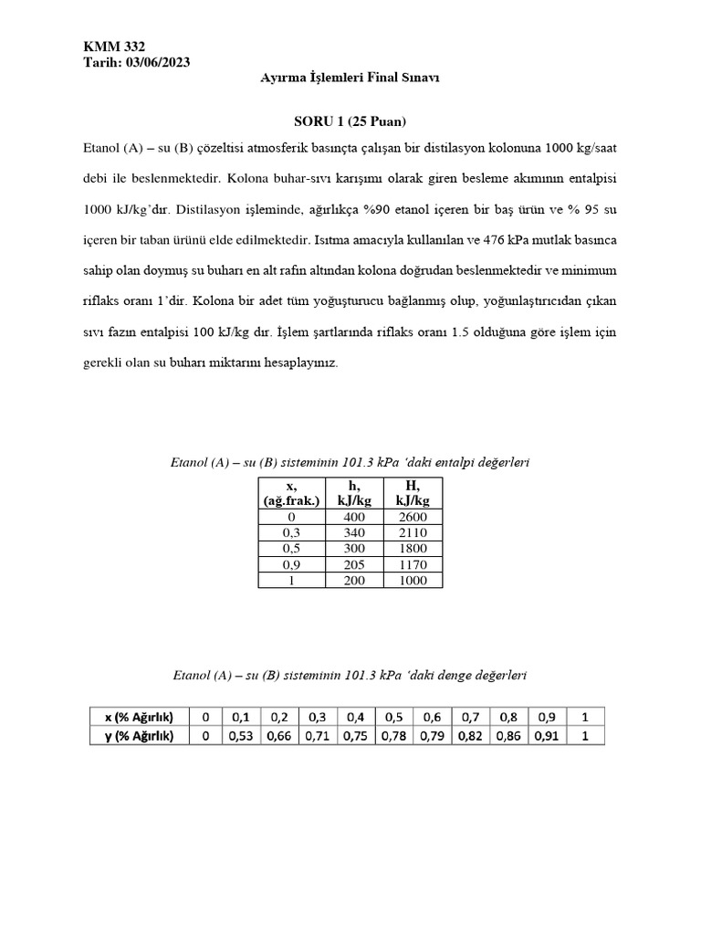 Ayırma İşlemleri Final - Soru 1 | PDF