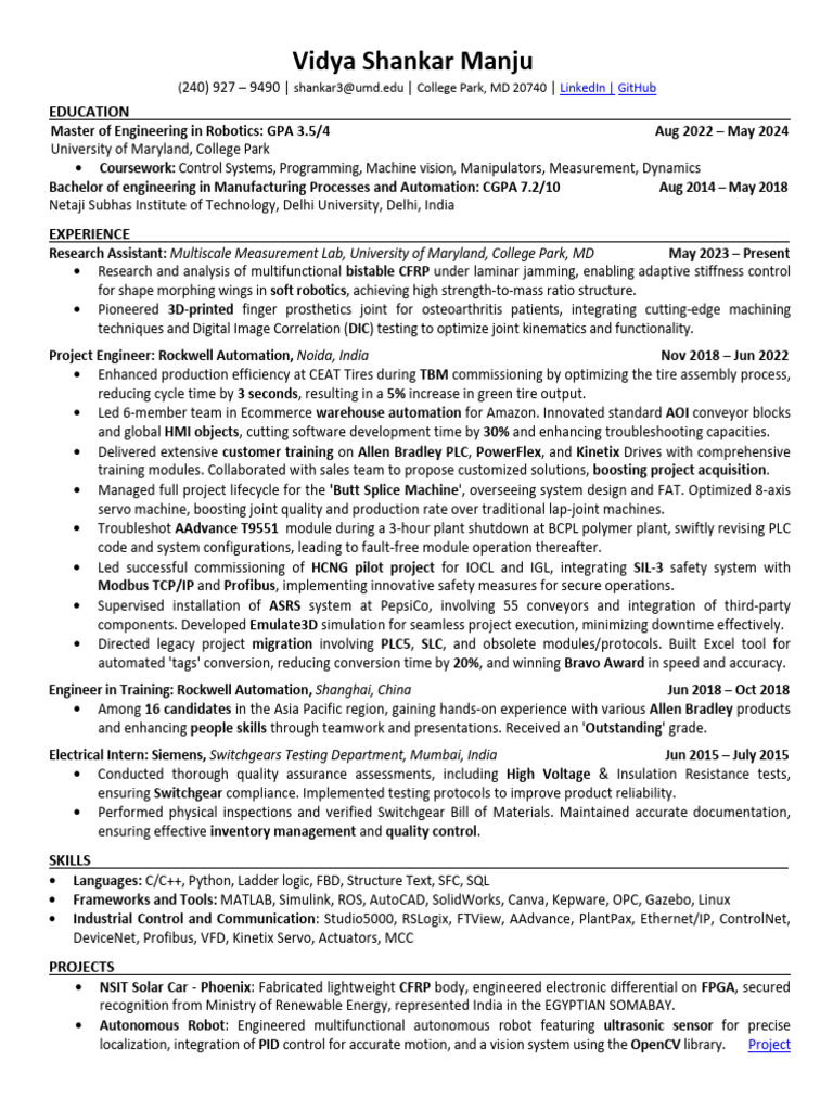 Resume-Vidya Shankar Manju | PDF | Automation | Robotics