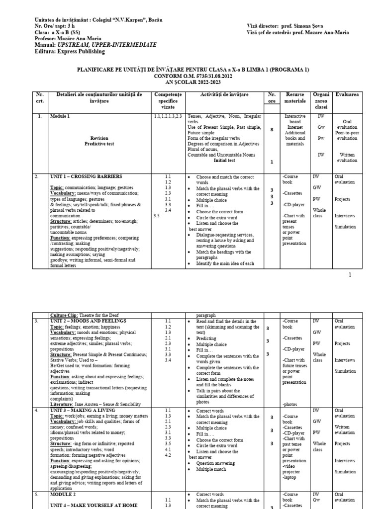 Proiectarea Pe Unitati X B SS 2022-2023 | PDF