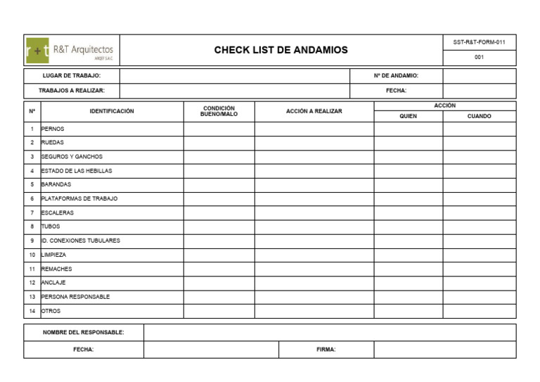 8.- SST-R&T-ForM-011 V001 Check List de Andamios | PDF 8.- SST-R&T-ForM-011 V001 Check List de Andamios | PDF