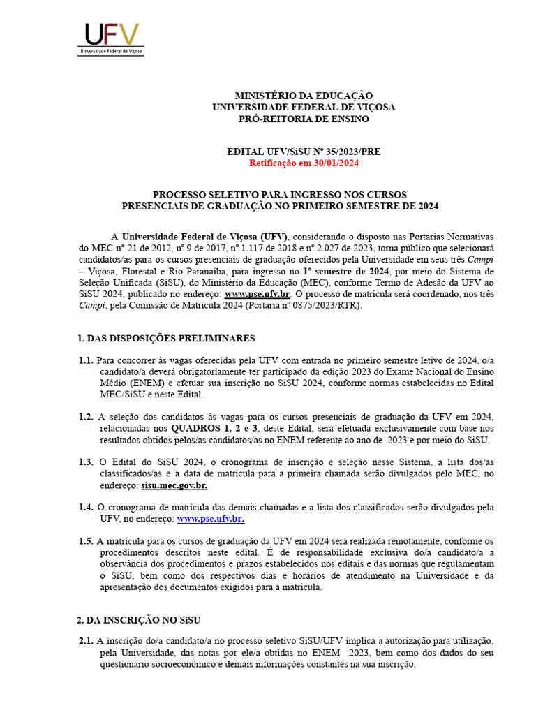 UFV Edital SISU2024 - 20240130 | PDF | Diploma de bacharel