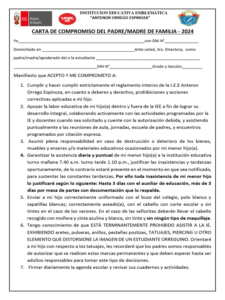 Carta de Compromiso Final Secundaria 2024 | PDF