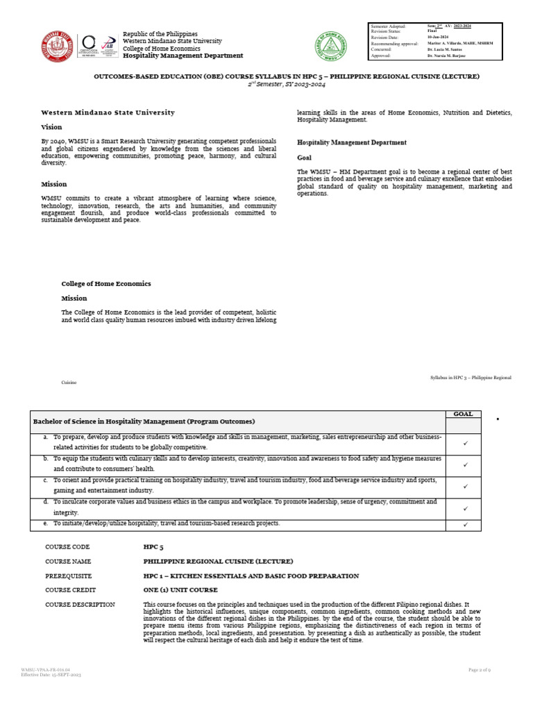 Philippine Regional Cuisine Syllabus | PDF