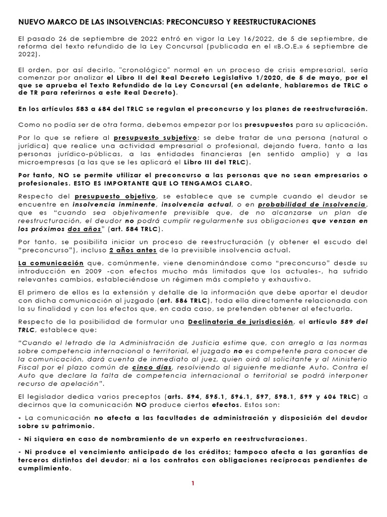 Apuntes Nuevo Marco de Las Insolvencias LMG | PDF