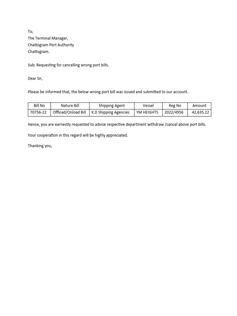 Request to Cancel Wrong Port Bill | PDF | Finance & Money Management