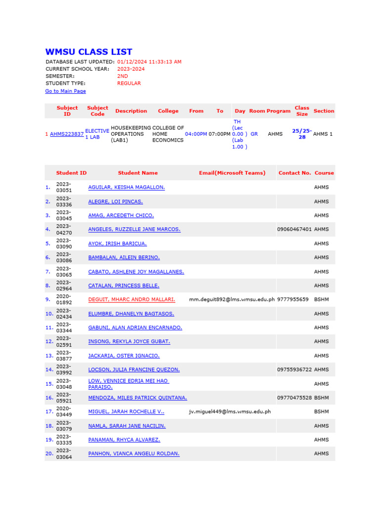 WMSU 2023-2024 Class List | PDF