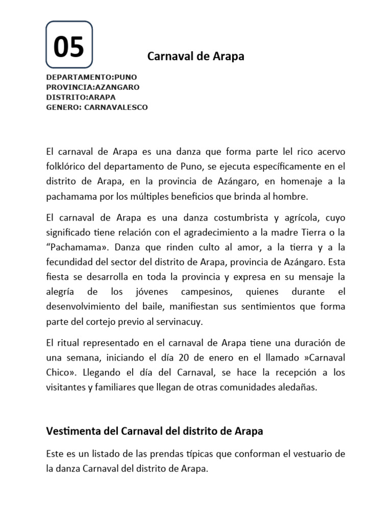 Danza y Vestimenta del Carnaval de Arapa | PDF | Arte