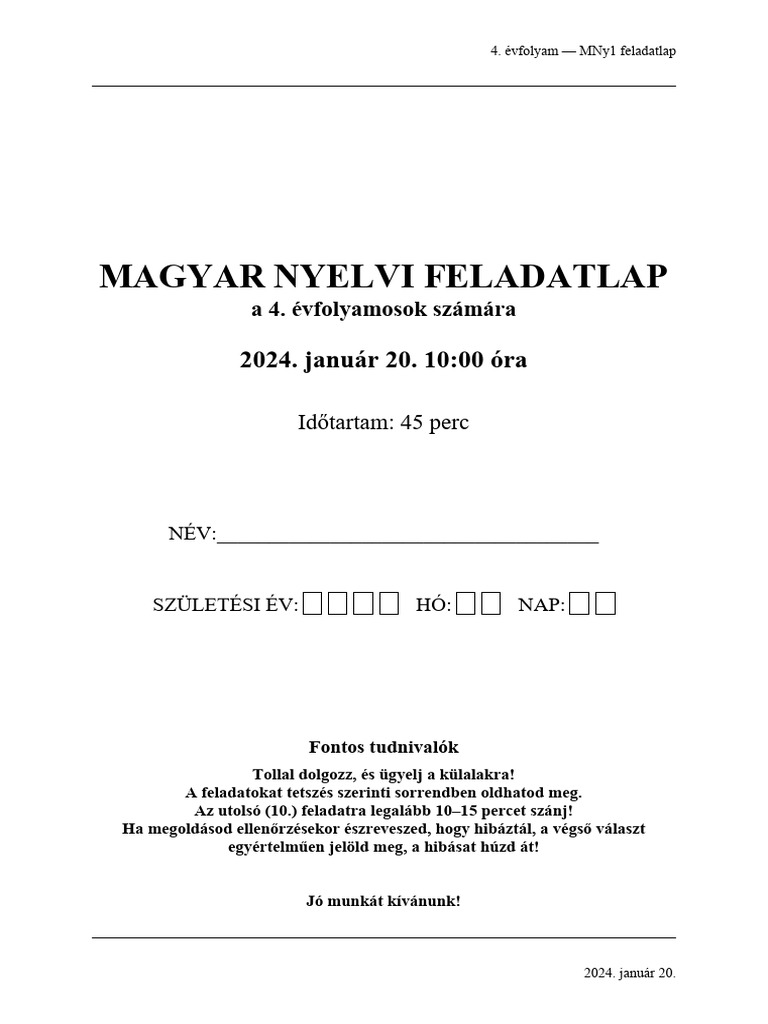 Magyar Nyelvi Feladatlap: 2024. Január 20. 10:00 Óra | PDF