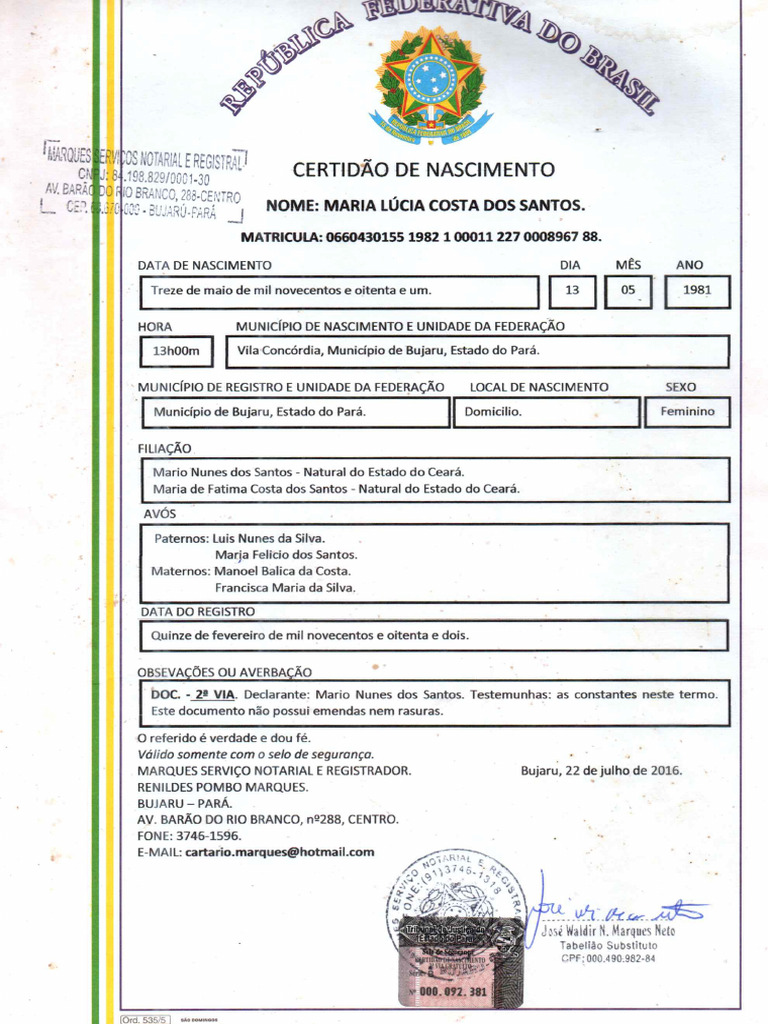 Certidão de Nascimento | PDF