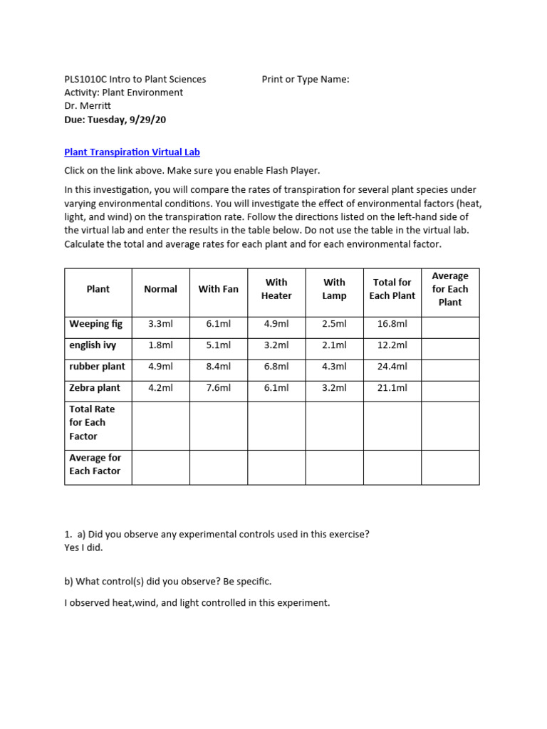 Plant Transpiration Lab Analysis | PDF | Home & Garden | Science ...