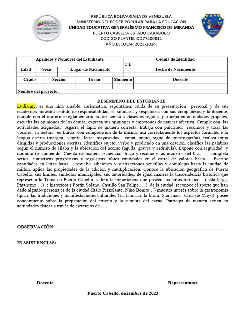 Boletas de Desempeño Estudiantil 2023-2024 | PDF | Venezuela ...