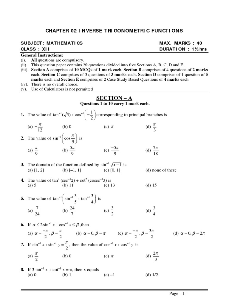 Maths Class Xii Chapter 02 Inverse Trigonometric Functions Practice ... Maths Class Xii Chapter 02 Inverse Trigonometric Functions Practice ...