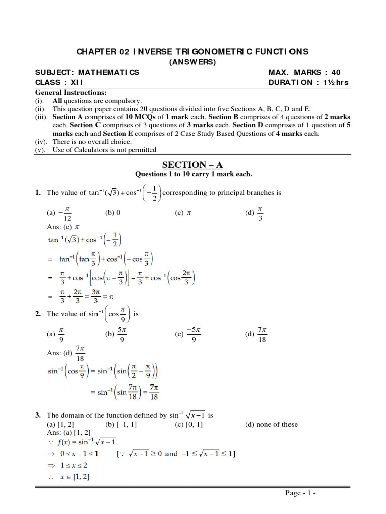 Maths Class Xii Chapter 02 Inverse Trigonometric Functions Practice Paper 02 Answers | PDF ...