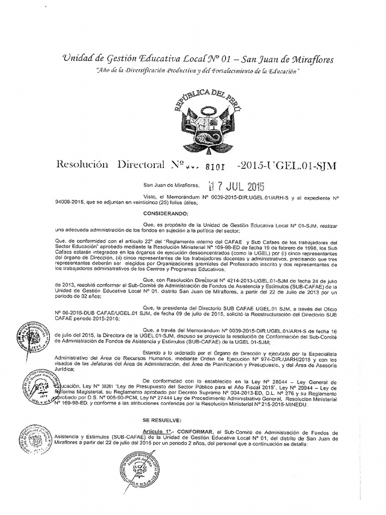 RD 8101-2015-Ugel.01-SJM, Conformacion de SUB CAFAE | PDF