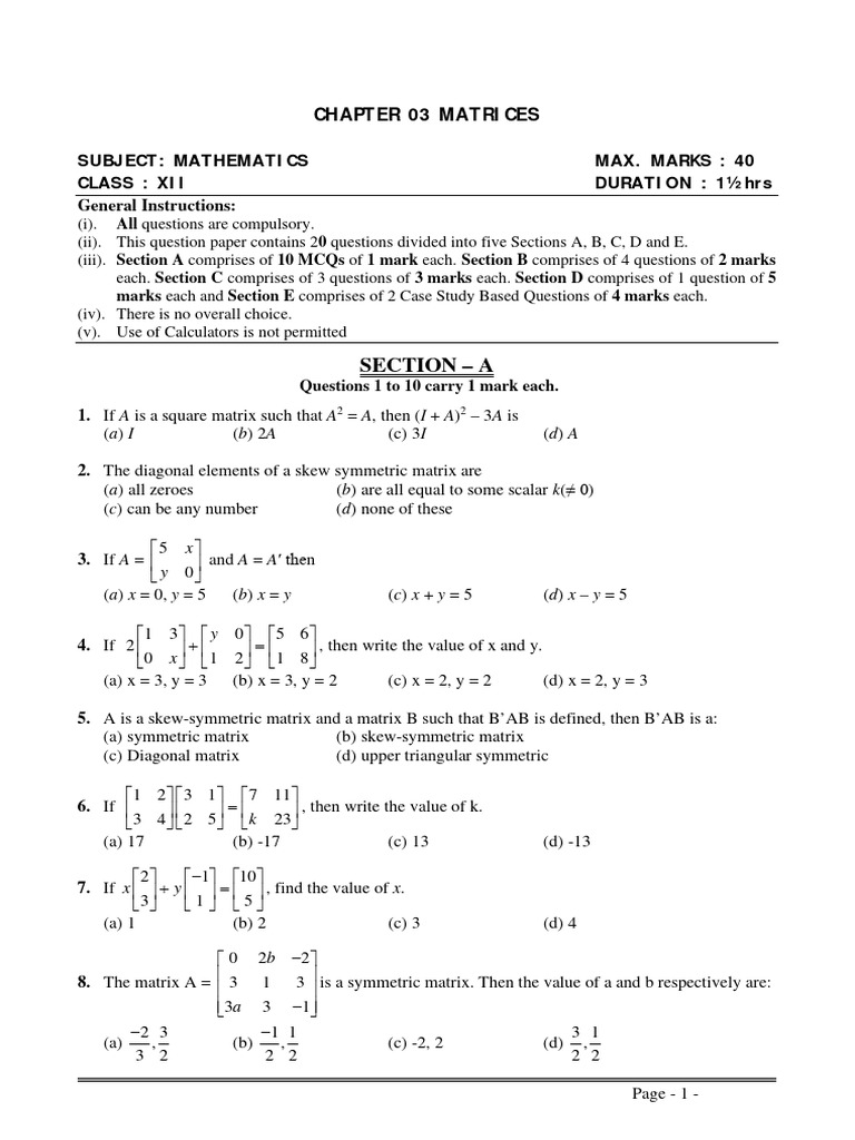 Maths Class Xii Chapter 03 Matrices Practice Paper 03 | PDF | Matrix (Mathematics) | Algebra