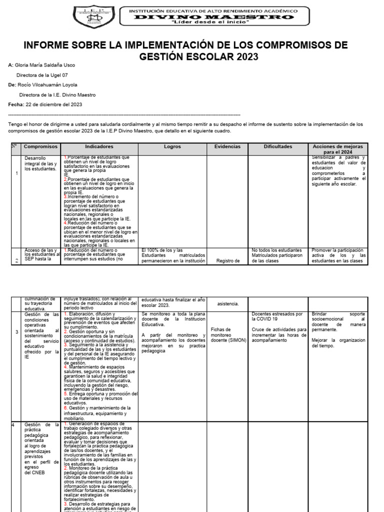Informe de Compromisos de Gestión Escolar | Descargar gratis PDF | Maestros
